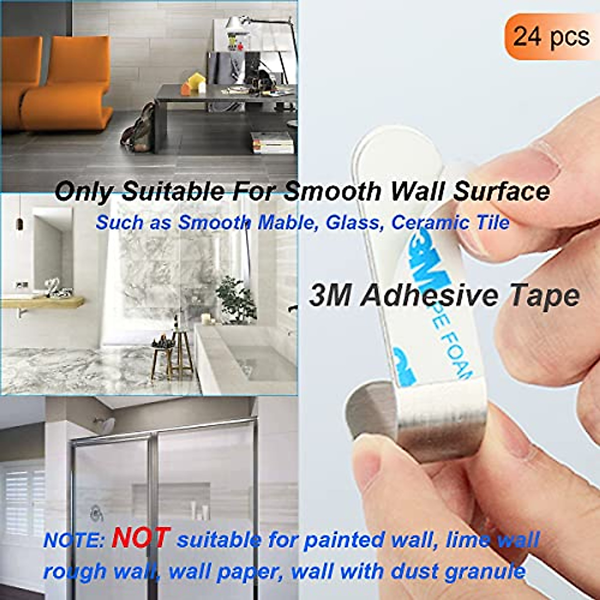 carinacoco Wall Hooks Adhesive 24 Pack Stainless Steel Hanging Hooks for Kitchenware Bath Robe Towel Jackets Bag