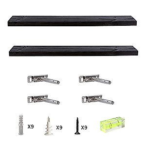 QTSARTISAN Floating Shelf Set — Rustic Solid Wood Hanging Rectangle Wall Shelves with Invisible Metal Brackets for Bedroom, Bathroom, Living Room and Kitchen (Black, 36" x 5.9")