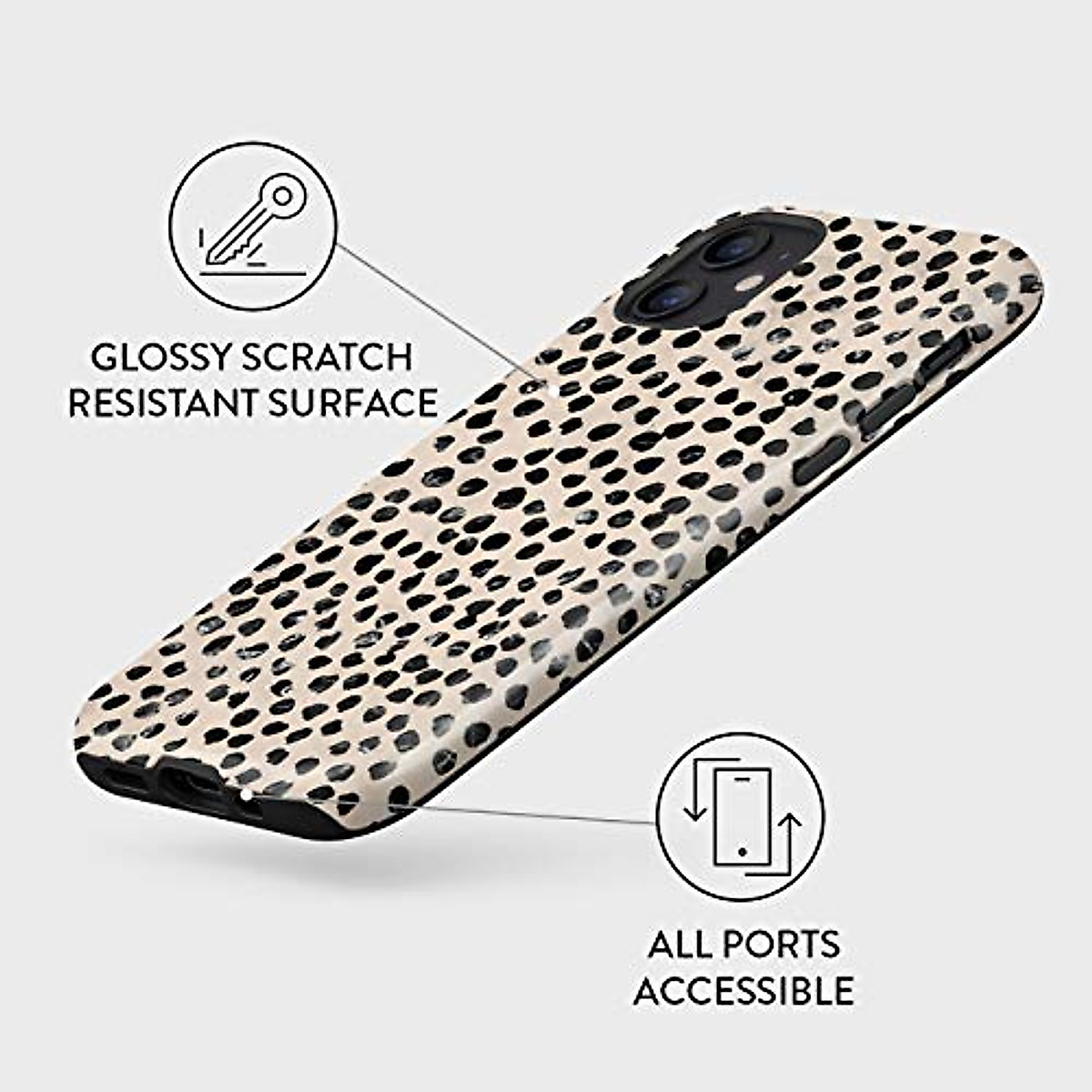 BURGA Phone Case Compatible with iPhone 12 Mini - Hybrid 2-Layer Hard Shell + Silicone Protective Case -Black Polka Dots Pattern Nude Almond Latte - Scratch-Resistant Shockproof Cover