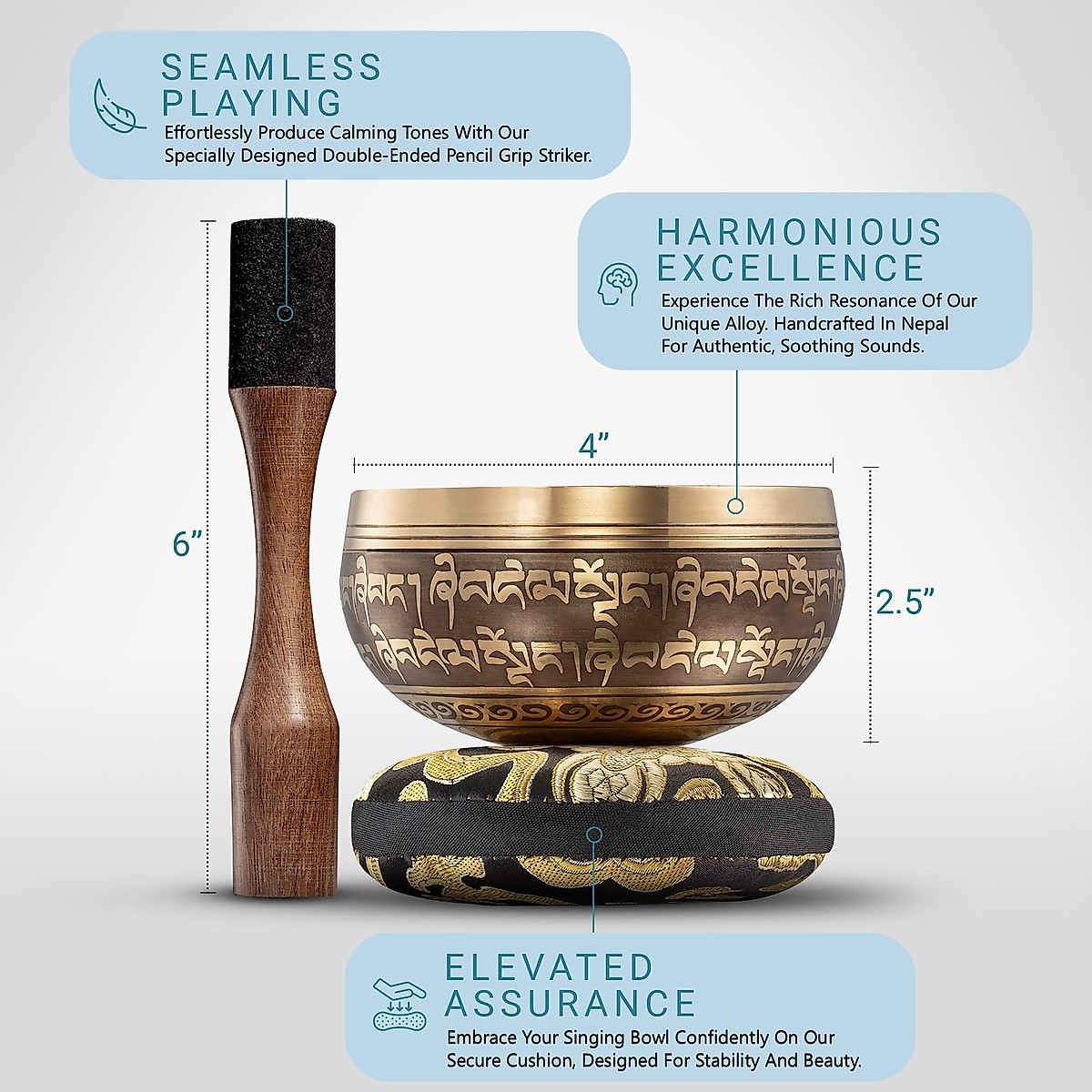 Tibetan Singing Bowl Set – Authentic Hand-Tuned Sound Bowl for Meditation – Complete Meditation Bowl Kit with Cushion, Mallet & Guide – Perfect Tibetan Bell for Yoga, Relaxation, & Sound Healing