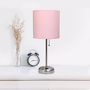 Simple Designs LT2024-LPK Brushed Steel Stick Table Desk Lamp with Charging Outlet and Drum Fabric Shade, Light Pink