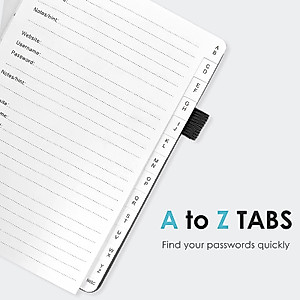 Elegant Password Book with Alphabetical Tabs - Hardcover Password Book for Internet Website Address Login - 5.2" x 7.6" Password Keeper and Organizer w/Notes Section & Back Pocket (Black)