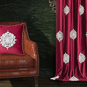 VOGOL Burgundy Thermal Curtains, Floral Noise Reducing Bedroom Curtains 84 Inch Length Soft Velvet Room Darkening Grommet Drapes, 2 Panels Bundle with Matching Throw Pillow Cover (18x18 in)