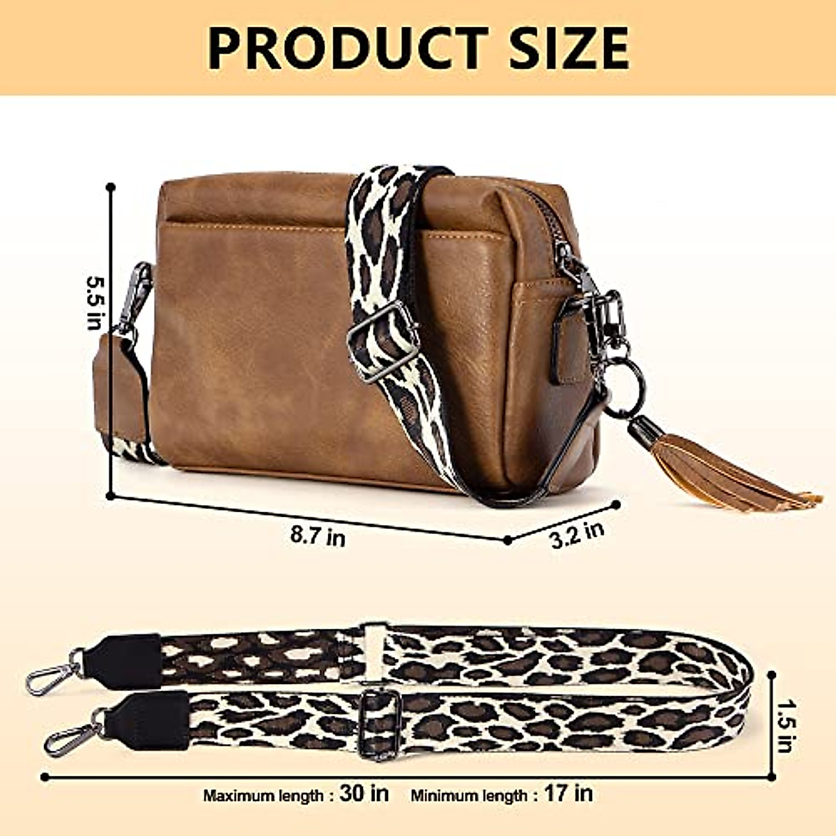 JANZORE Women Crossbody Bag Camera Bag Handbag Cross Body Purse Shoulder Bag Small Triple Zip Vegan Leather Wide Strap(Brown)