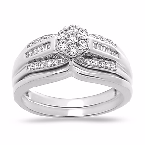 Jewelili Sterling Silver 1/3 Cttw Natural White Round and Baguette Cut Diamonds Bridal Set Ring, Size 10