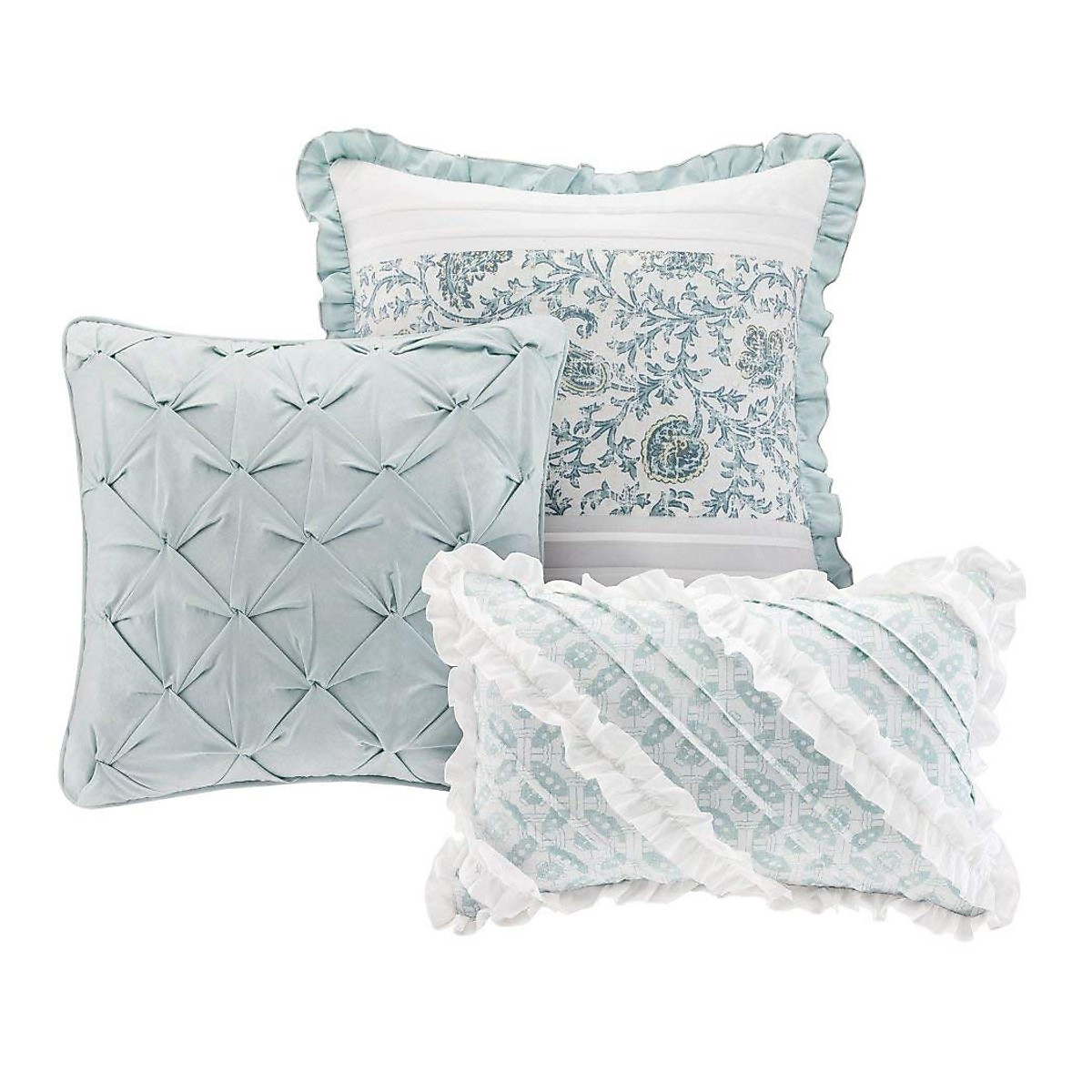 D&H 9 Piece Periwinkle Blue Green Paisley Comforter Queen Set, Blue White Shabby Chic Adult Bedding Master Bedroom Stylish Pintuck Ruffled Pattern Ruched Elegant Traditional Cotton Polyester
