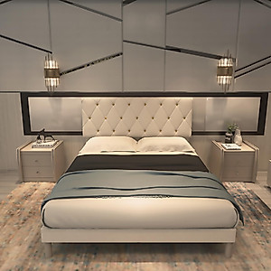 Mhjinuwet Queen Size Bed Frame, Velvet Upholstered Platform with Headboard, Easy Assembly, No Box Spring Needed, Non-Slip and Noise-Free with Strong Wooden Slats (Beige, Queen (U.S. Standard))