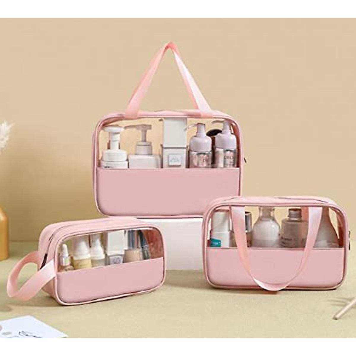 Hanging Travel Toiletry Bag for women, Waterproof Cosmetic Bag Portable Travel Makeup Pouch Multifunction Handle Travel Toiletry Bag Organizer for Women, Cosmetic Bags for Women Travel Set(3Pcs Pink)