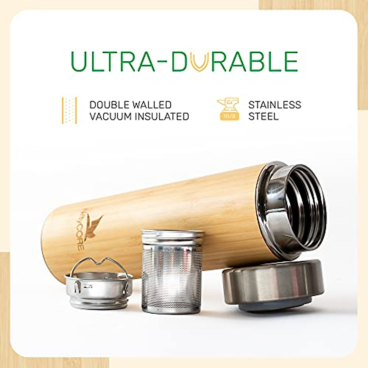 Bamboo Tumbler with Tea Infuser Bottle Loose Leaf Strainer – Advanced Double Insulated Stainless Steel Travel Thermos - Best Gift for Tea Lovers - Leak-Proof Hot Coffee Mug, Fruit Water Bottle (17 oz)