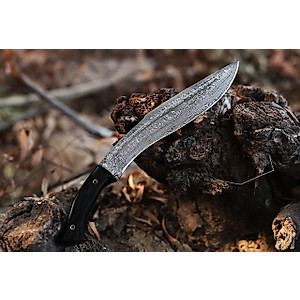 12.5 Inch long Hunting knife, Collectible knife, Natural Camel bone scale embellished with engraved brass finger guard, foil work spacer and pommel, Hand forged Twist pattern Damascus steel blade, Comes with Leather sheath