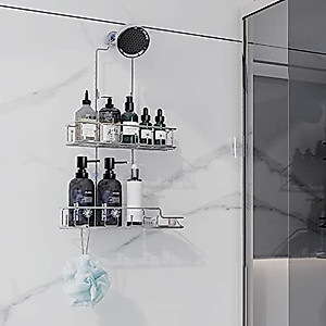 Neahom Adjustable Hanging Shower Caddy Shelf, Hanging Over Shower Head Shower Caddy Bathroom Organizer, Rustproof Storage Shower Rack Holder with Soap Dish and Hooks for Towel, Razor and Sponge Silver