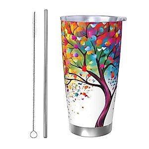 Colorful tree Tumbler with Lid and Straw 20oz Stainless Steel Car Cup for Hot and Cold Drinks, Double Wall Insulated Travel Coffee Mug Reusable Drink Thermos Cup Birthday Gifts