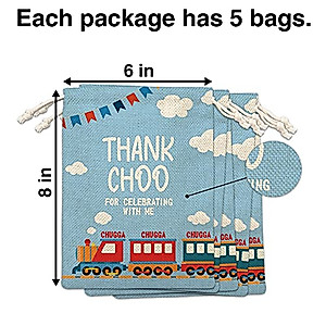 Train Theme Party Favors Bags, Steam Train Railroad Party Gift Bags, Supplies, Decorations, 5 Pack Drawstring Candy Treat Goodies Gift Bags for Kids Birthday Party, Baby Shower Party (A13)