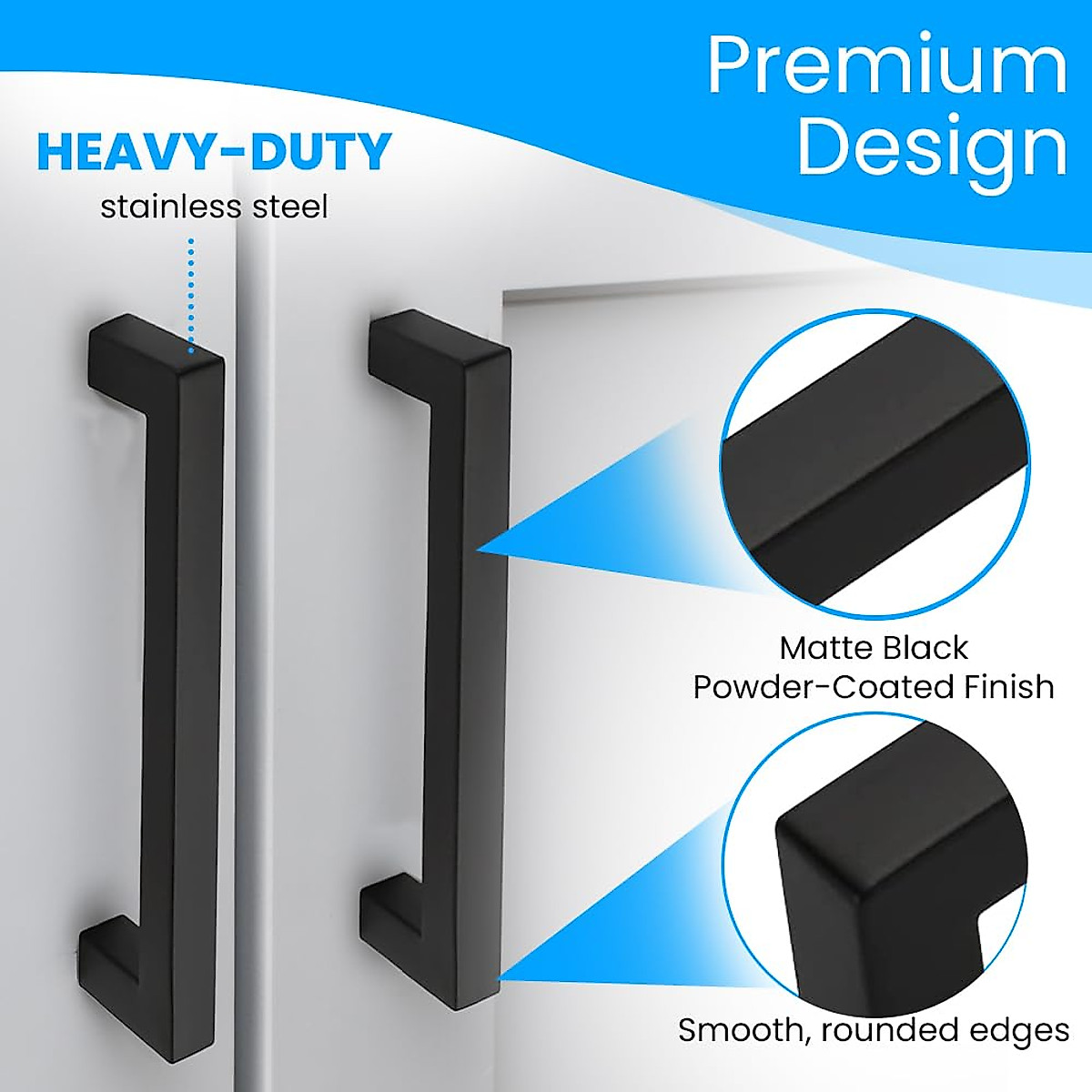 PARTILIA Matte Black Cabinet Pulls for Kitchen and Bathroom Drawers, Doors, Pantry, and Cupboards, 10 Pack, 5 Inch Hole-to-Hole Stainless Steel Handles, Modern Farmhouse Hardware