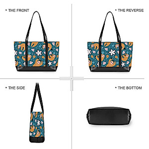 Sloths Flowers Laptop Tote Bag for Women Canvas Teacher Tote Bags Work Travel Bag Handbags Fashion Purse with Zipper