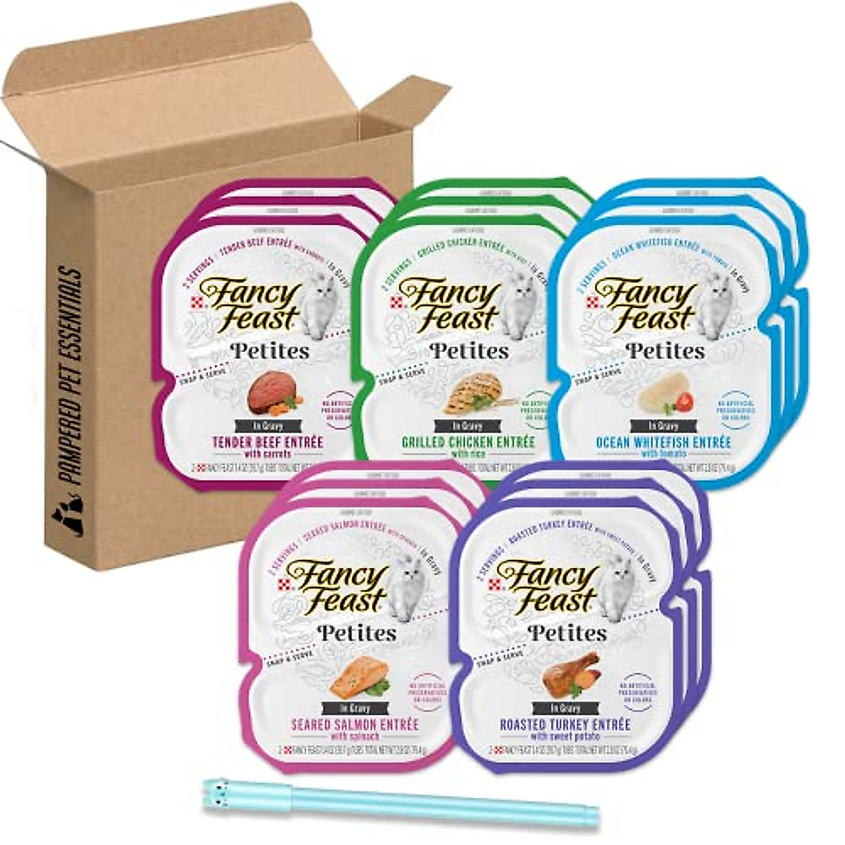Fancy Feast Petites Wet Cat Food Variety 5 Flavor Pack (30 Servings) - Bundled with Writing Cat Pen (in Gravy)