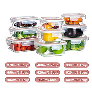 Bayco Glass Storage Containers with Lids, 9 Sets Glass Meal Prep Containers Airtight, Glass Food Storage Containers, Glass Containers for Food Storage with Lids - BPA-Free & Leak Proof(Pink)
