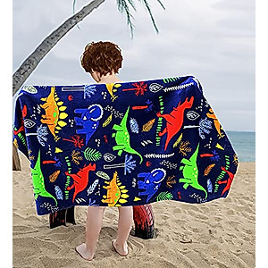 YIFONTIN Beach Towel for Kids, Velour Blanket Throw 24x48 inches 100% Cotton for Bath Swim Camping, Dinosaur.
