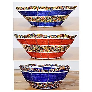 Set of 3 African Beaded Wire Bowls (2 x Large blue/red, 8 Inches + 1 Small blue, 6 inches) - Maasai Jewelry Bowl - Handmade in Kenya, KSBOWL012