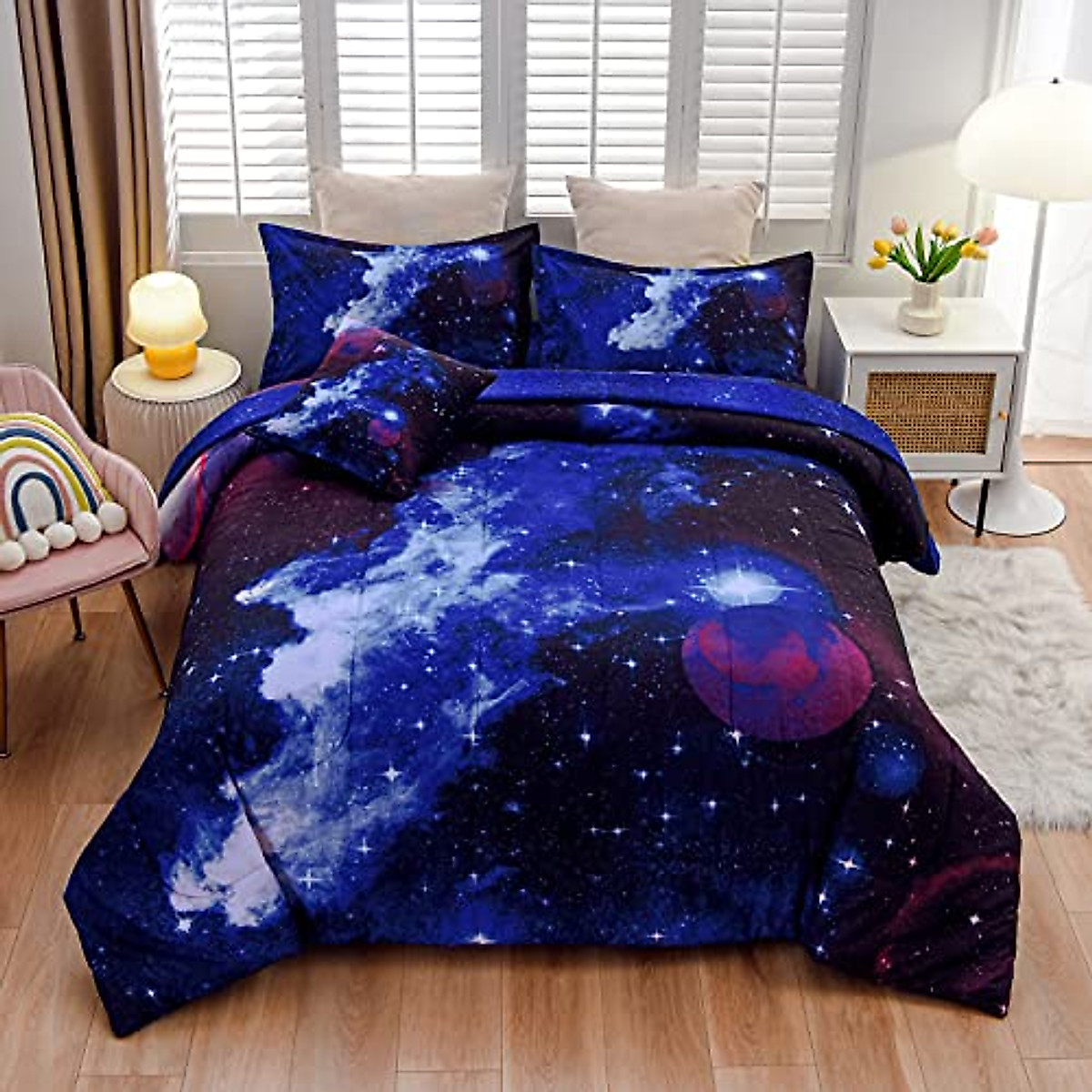 A Nice Night Galaxy 6Pcs Bedding Sets Outer Space Comforter Bed in a Bag 3D Printed Quilt,for Children Boy Girl Teen Kids,Full 6Pcs