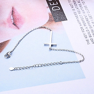 Sllaiss 925 Sterling Silver Sideways Cross Bracelet for Women Religious Chain Bracelet Christian Faith White Gold Plated Adjustable (Silver)
