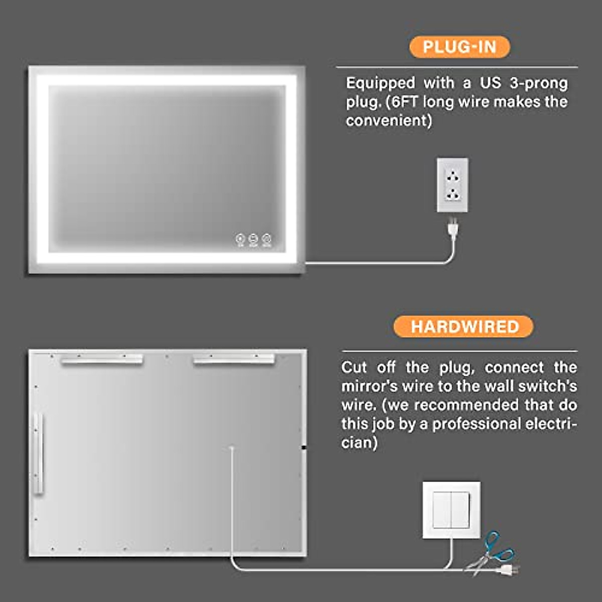 Butylux 32x24 inch Wall Mounted LED Bathroom Mirror with 3000K-6000K Dimmable, Anti-Fog, Lighted Bathroom Mirror with Smart Touch Button, Memory Function(Horizontal/Vertical)