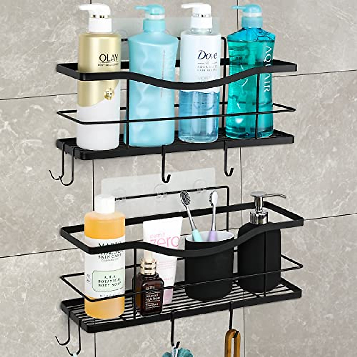 AOZITA 2 Pack, Large Adhesive Shower Caddy Shelves with 8 Hooks - Wall Hanging Bathroom Organizer Basket for Shower Room - Shower Racks for Inside Shower Storage - SUS304 Stainless Steel, Matte Black