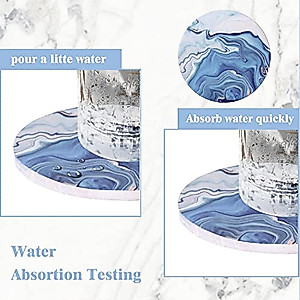 Warmroom Absorbent Drinks Coasters with Gold Holder and Cork Base Set of 6 Round Blue White Marble Style Coasters Decorative Tabletop Protection for Bar Kitchen Home and Dining Room Decor