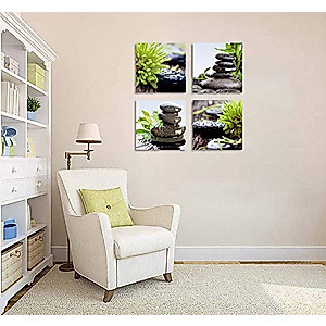 Zen Bathroom Decor Meditation Canvas Wall Art, Water Stone and Green Plants Pictures for Yoga Spa and Office Calming, Relaxing Wall Art for Office Bedroom Living Room (12x12in, 4 Panels)