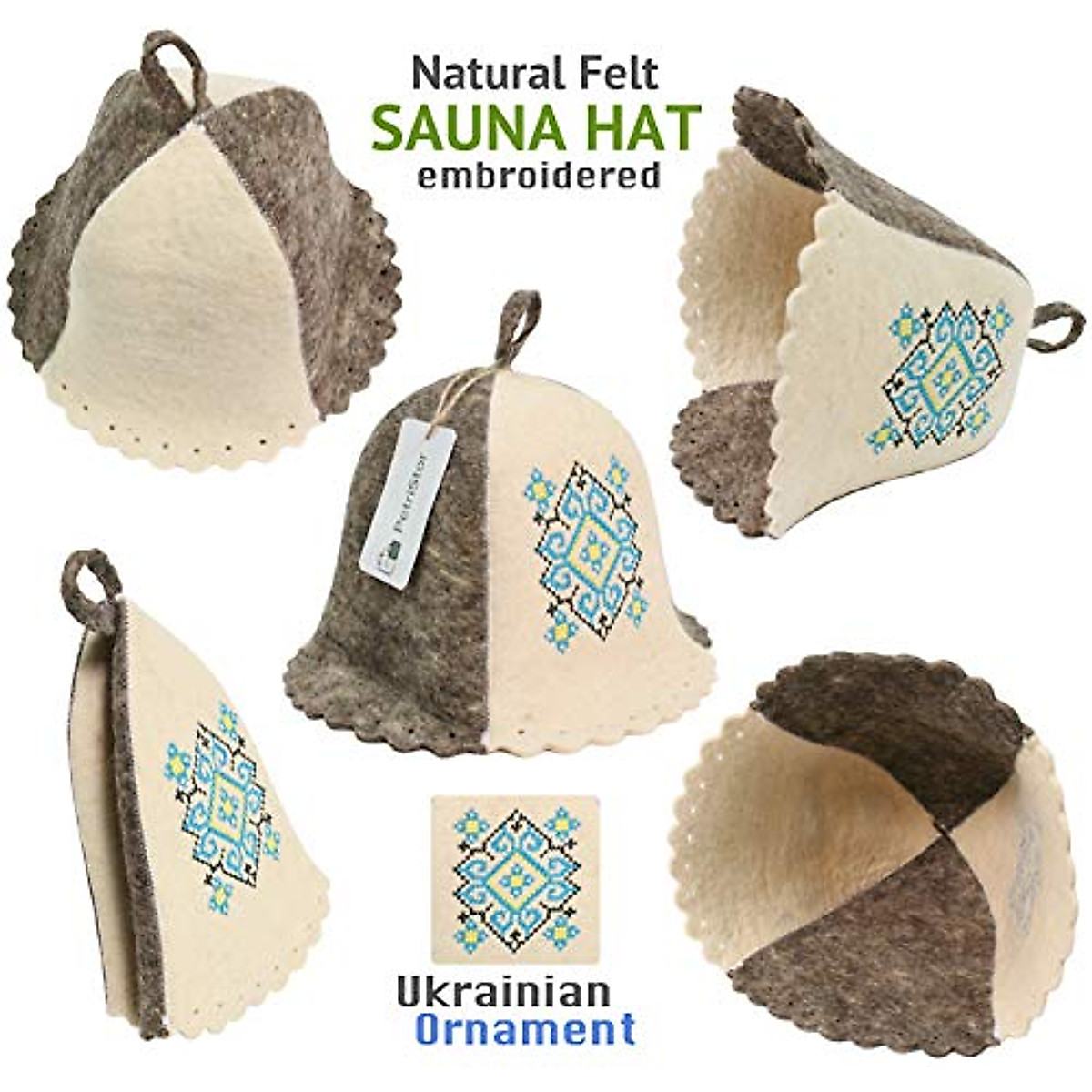 PetriStor Ukrainian Sauna Hat Ornament Blue - Hats Sauna Hat for Men - Ukraine Sauna Hat for Men - Bathhouse Hat - Natural Felt - Sauna Hat Finnish - Wool Sauna Hat for Men