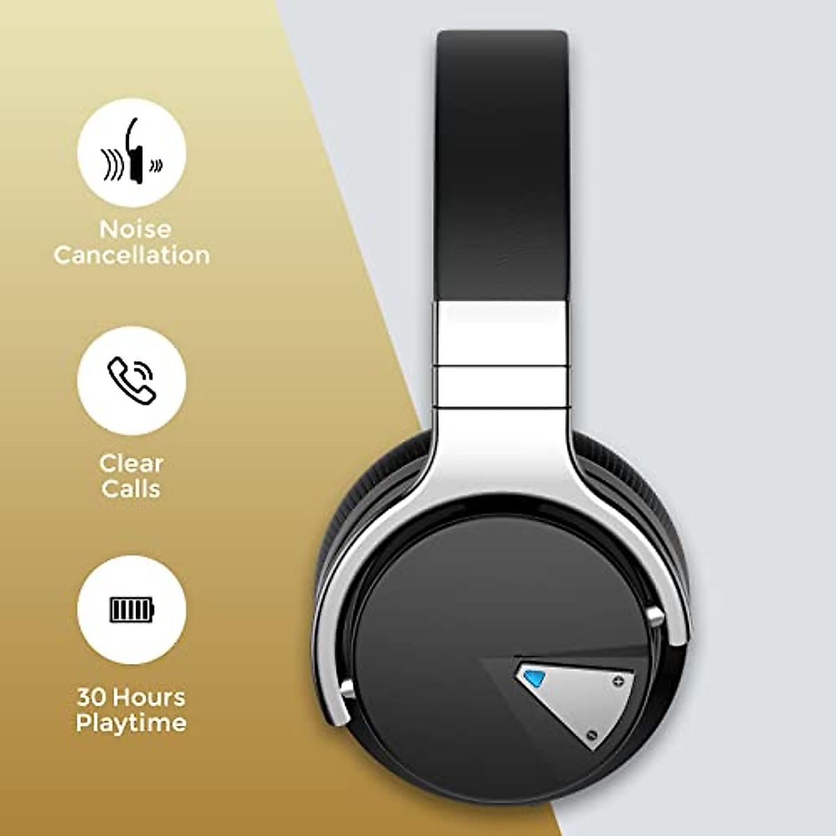 phonicgrid Active Noise Cancelling Headphones Over Ear Wireless Headphones Bluetooth Headphones with Microphone, Comfortable ANC Over Ear Headphones Wireless Bluetooth, Deep Bass, 30Hrs, Ink Black