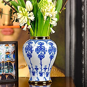 BALIOS Decor Handmade Gold Trim Blue and White Porcelain Fuchsia Flowers Ginger Jar with Lid, 9.1”H x 4.9”W, Decorative Ceramic Bud Vase for Home Décor