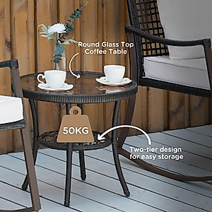 Outsunny 3 Piece Patio Rocking Bistro Set, Outdoor PE Rattan Wicker Rocking Chairs with Cushioned, Pillows, Two-Tier Glass Storage Shelf Coffee Table, Cream White