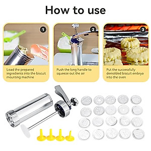 Cookie Press, Stainless Steel Churro Maker Machine Biscuit Press Cookie Gun Set with 20 Decorative Molds and 4 Nozzles for DIY Biscuit Maker 8.27 x 6.10in Cookie Press Machine Cookie Press Gun