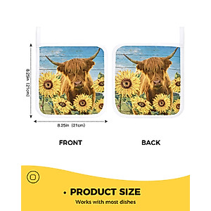 2 Pack Pot Holders for Kitchen Farm Scottish Highland Cow Yellow Sunflower Heat Proof Potholder Hot Pads Trivet,Vintage Farmhouse Wood Board Washable Coaster Potholders for Cooking Baking Grilling