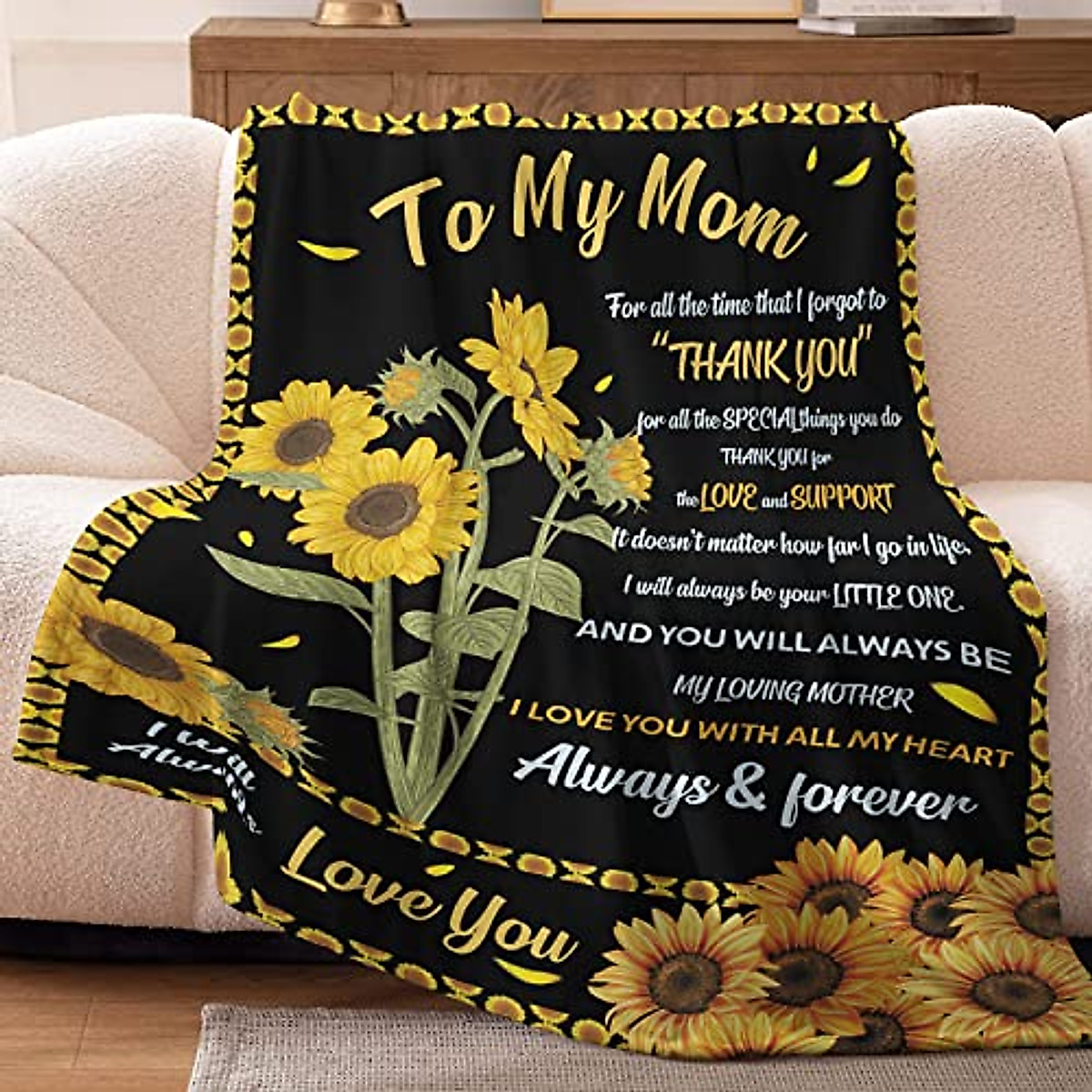 Sowide Mother Day Blanket, Sunflower Blanket Throw Gifts for Mom, Soft Lightweight Sun Flower Flannel Blanket, Black Cozy Fuzzy Plush for Mom Birthday Gift from Daughter Son, Sofa, Bed, Chair, 60"x80"