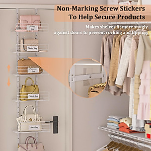 Aokitsink Hanging Purse Handbag Organizer Rack with Name Plate, Over The Door Detachable Bag Storage Rack - Can Use As 1/2 Part, Wall Mounted Adjustable Bag Rack with Stickers & Tapes, White