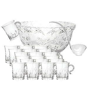 Party Essentials Plastic Punch Set with Ladle and Drinkware, Party Serveware for Cocktails, Fruit Punch, Tea, and Juices, Clear, 12 Qt Bowl + 20 Coffee Cups (8 oz.)