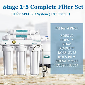 Vegebe 1-5 Stage 50 GPD RO Water Filter Set Replacement Fit for APEC Reverse Osmosis System (1/4" Output)
