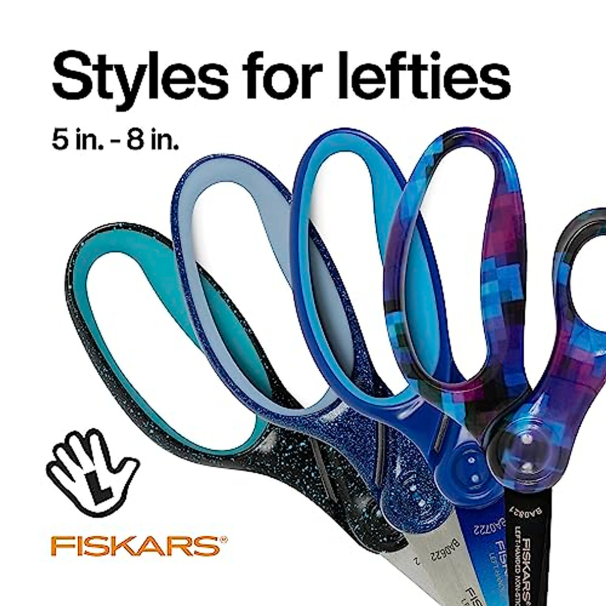 Fiskars 7" SoftGrip Left-Handed Student Glitter Scissors for Kids 12+ - Left-Handed Scissors for School or Crafting - Back to School Supplies - Blue
