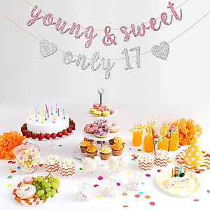 INNORU Young & Sweet Only 17 Banner - Happy 17th Birthday Party Decor for Girls - Cheers to 17 Years Party Decorations Supplies, Pink & Silver Glitter