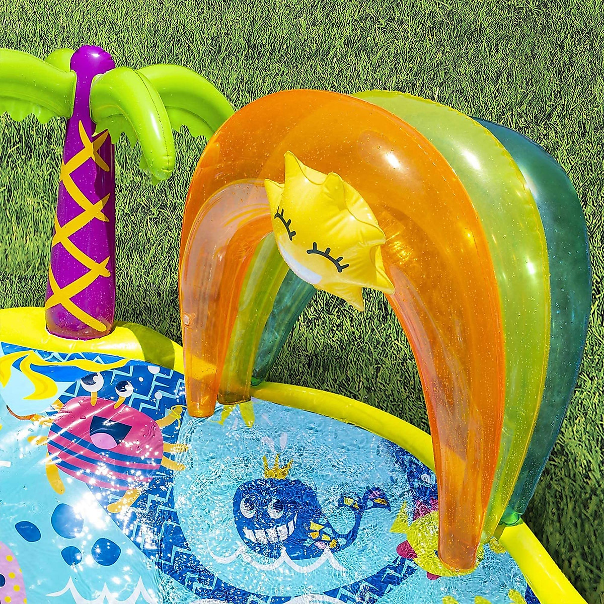 Banzai Splish 'N Splash Kids Inflatable Outdoor Water Park Play Mat with Water Slide, Rainbow Canopy, Starfish Stacker, and Sprinklers