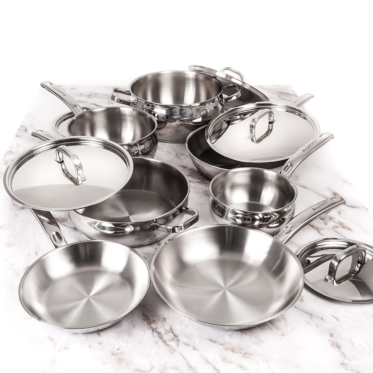 BergHOFF Belly Shape 18/10 Stainless Steel 12Pc Cookware Set, Metal Lids, Fast, Evenly Heat, Induction Cooktop Ready