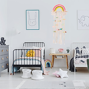 WAKOEGOFU Rainbow Tassels Hair Bows Holder Hanging - Baby Hair Accessories Storage Headband Holder Hair Clips Organizer Wall Hanger Decor for Baby Girls Room Ornament (Pink Yellow)