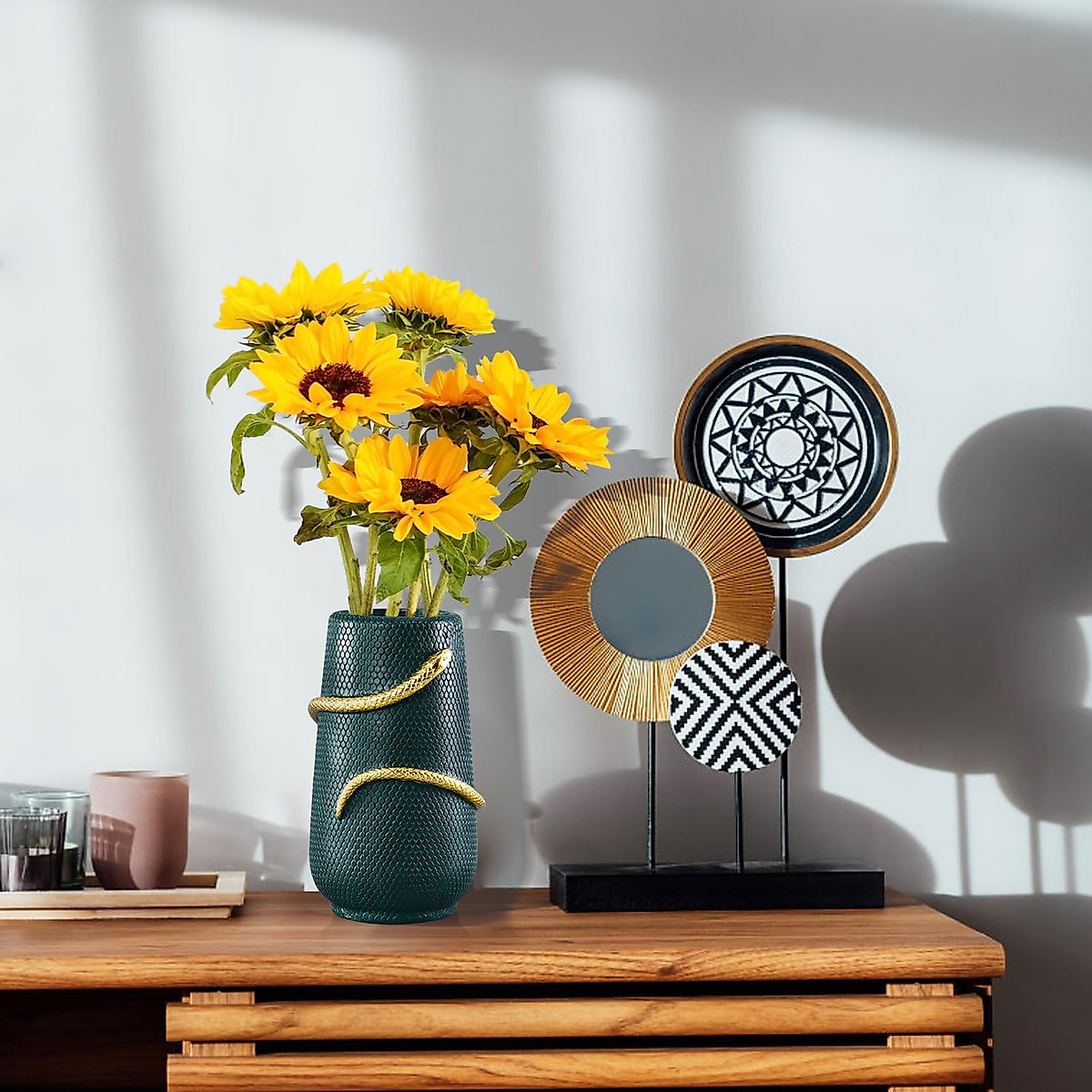 Flower Vase 8 Inch Green and Gold Snake vases for Decor, Unique Flower Vase for Bookshelf, Dinner Table, Living Room, Mantel, Halloween Decor (Upgraded) 1 pc.