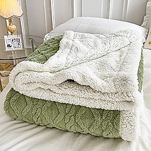 Plush Thick Sherpa Throw Blanket - Soft Warm Breathable Fleece Velvet Blanket with 3D Stylish Cable Pattern for Bed Sofa Recliner Chair - Fluffy Throw Size 50"×60", Sage Green