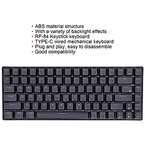 ASHATA TypeC Wired Gaming Keyboard, Portable 84 Keys Type‑C Backlight Gaming/Office Keyboard for PC/Laptop, Blue Switch (Black Blue axis Mixed Light)