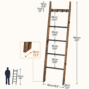 HOOBRO Blanket Ladder for Living Room, 5.2FT(63''), 5-Tier Wall Leaning Towel Rack with Hooks, Decorative Farmhouse Blanket Rack Shelf, Bedroom, Rustic Brown and Black BF160CJ01G1