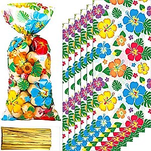 100 Hibiscus Cello Bag Tiki Party Supply Aloha Luau Party Decorations, Hibiscus Goody Bags Candy Cellophane Bag Treat Bags for Hawaii Party Summer Table Setting