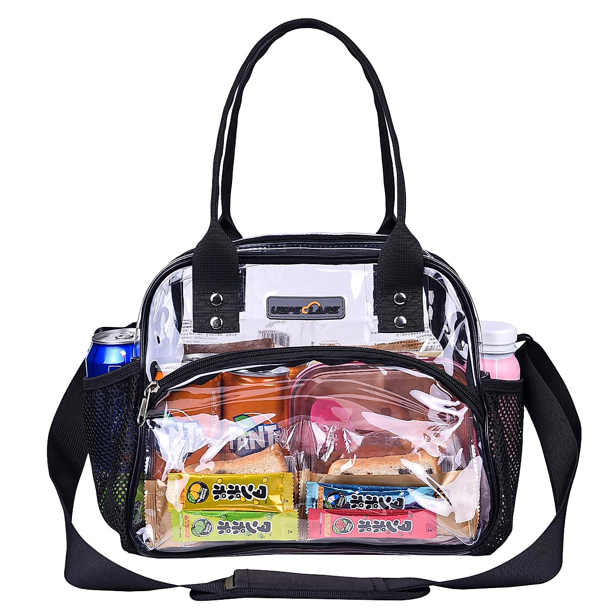 USPECLAR clear tote bag, Clear Lunch Bag with Removable Bottom Board for Women & Men, See Through Reusable Lunch Box for Workplaces ,Clear Shoulder Bag for Women for Work